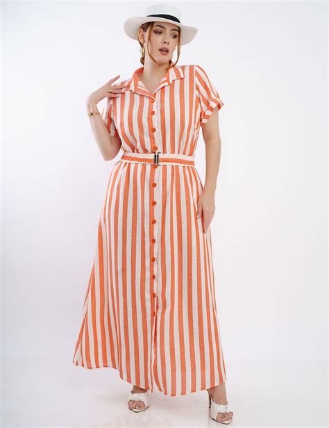 Vestido Longo Chemise Crepe Listrado Laranja Dona Charme