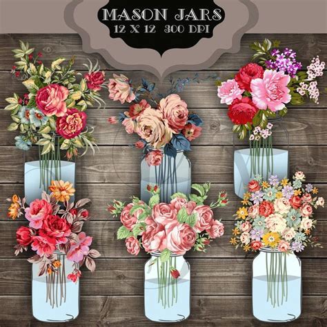 Wedding Clip Art Mason Jar Bouquet Digital Clipart Vintage Etsy