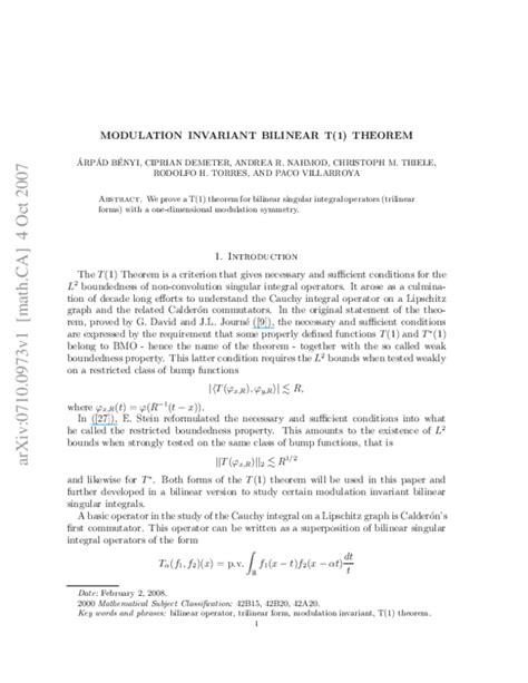pdf modulation invariant bilinear t 1 theorem Árpád bényi rodolfo torres and andrea