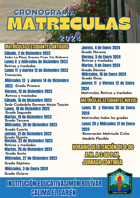 CRONOGRAMA MATRÍCULAS 2024 I E Simón Bolívar Calima