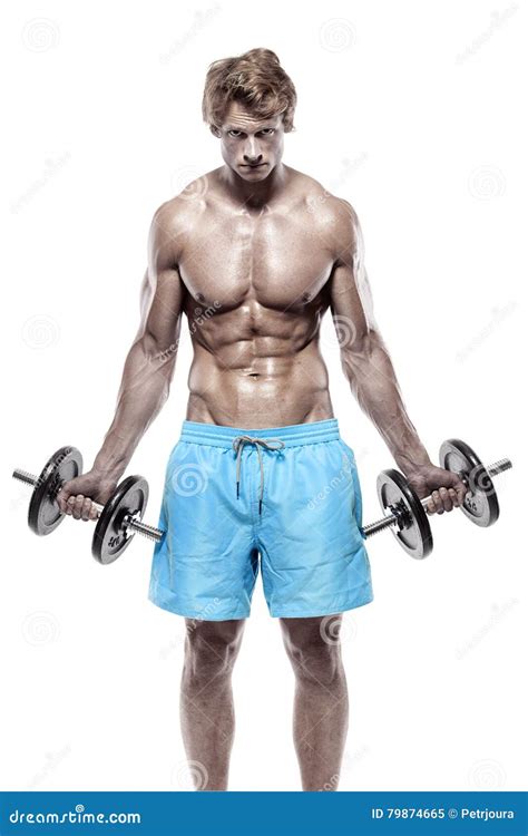 Muscular Bodybuilder Guy Doing Exercises With Dumbbells Stock Image