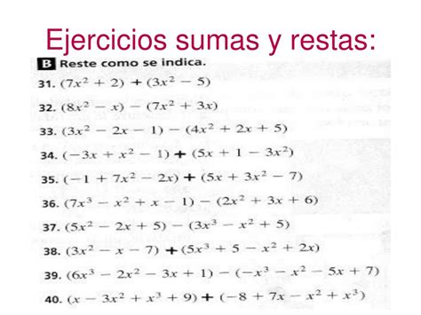 Ejercicios De Suma Y Resta De Polinomios