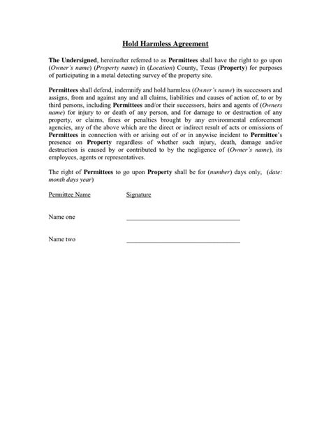 Hold Harmless Agreement In Word And Pdf Formats