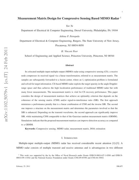 pdf measurement matrix design for compressive sensing based mimo radar