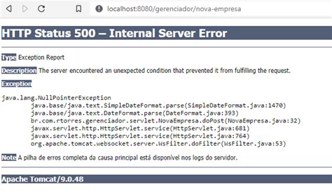 status 500 java lang nullpointerexception quando utilizo o try catch java servlet