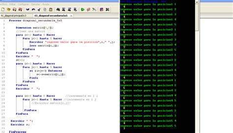 programacion diagonal secundaria en una matriz de 5x5
