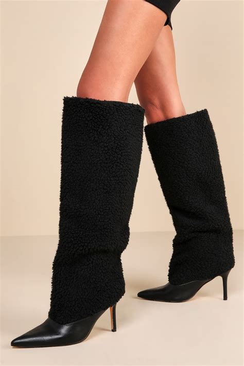 Black Shearling Boots Faux Fur Knee High Boots Tall Boots Lulus
