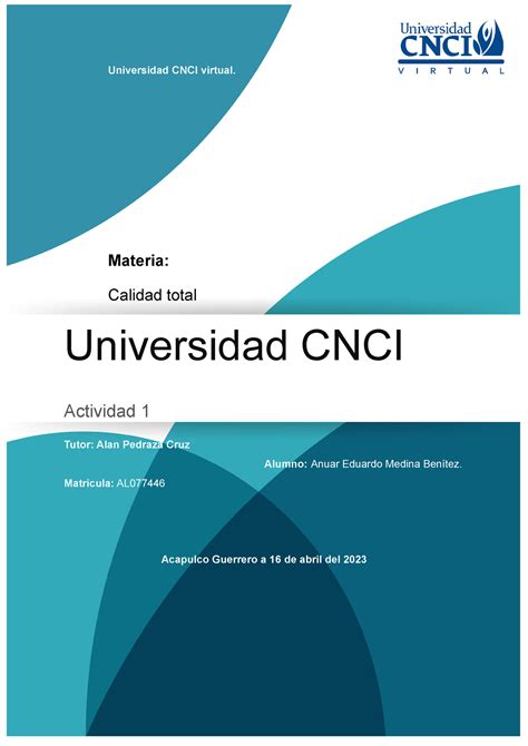 Calidad Total Actividad 1 Universidad CNCI Virtual Materia Calidad