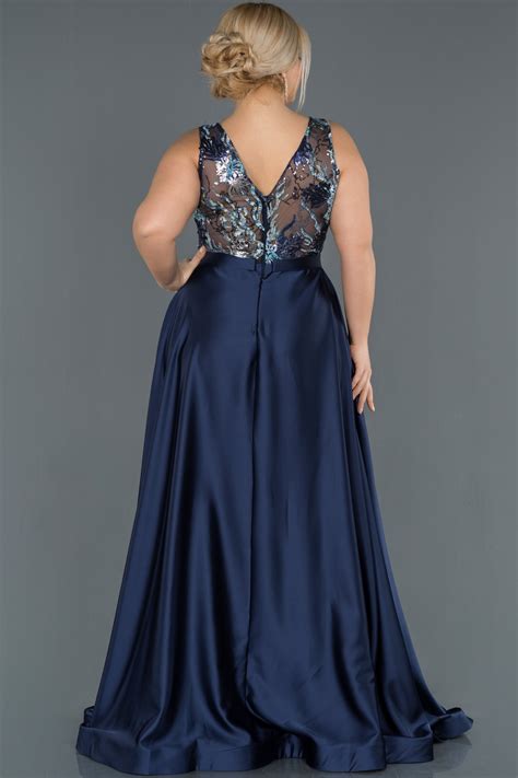 Robe De Soir E Grande Taille Longue Satin Bleu Marine Abu