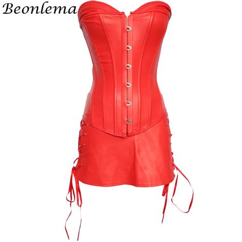 Beonlema Wetlook Corset Dress Sexy Leather Corset Red Black Overbust Bustier Mini Bodice Women
