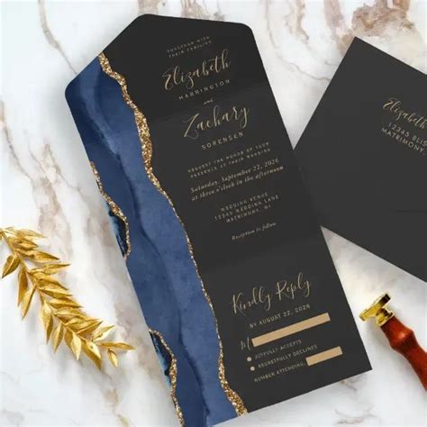 Modern Navy Blue Gold Agate Dark Wedding All In One Invitation Zazzle