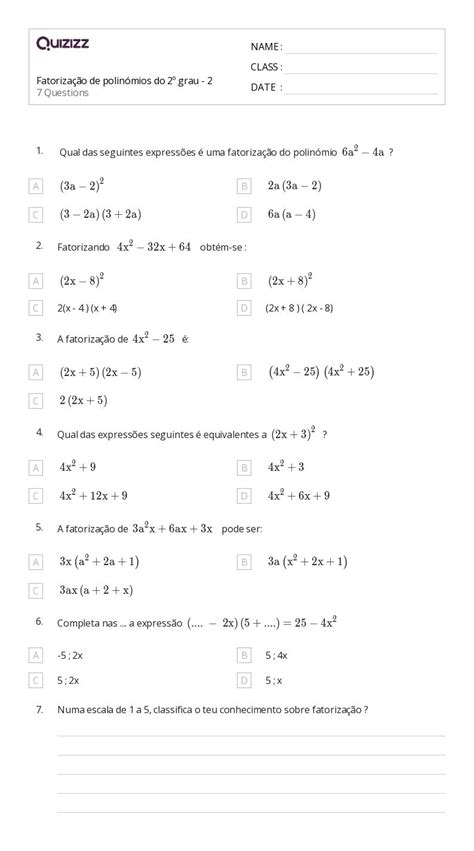 Expressões de fatoração imprimível 8ª série planilhas Quizizz