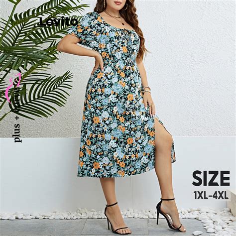 Lovito Vestido Casual Ditsy Floral Frente Dividida Plus Size Para