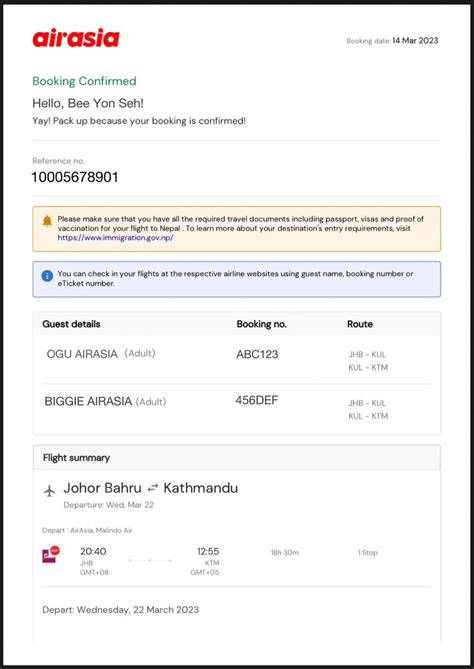 Any Airlines Booking Confirmation Itinerary