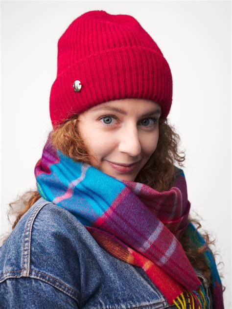 Czerwona czapka zimowa z kaszmiru i merino Tartan i Wełna