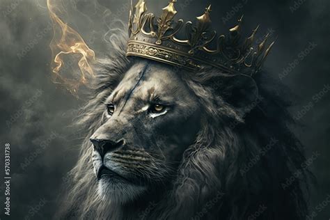 Portrait Of A Lion With Crown On A Head And Black Smoke Generative Ai
