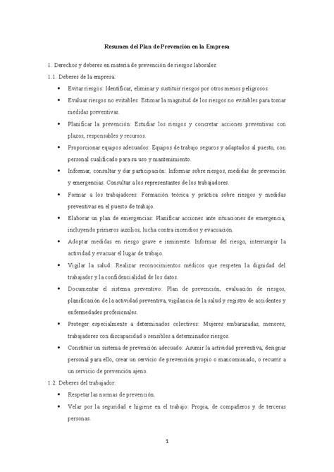 Resumen TEMA 7 FOL DAW Resumen del Plan de Prevención en la Empresa 1