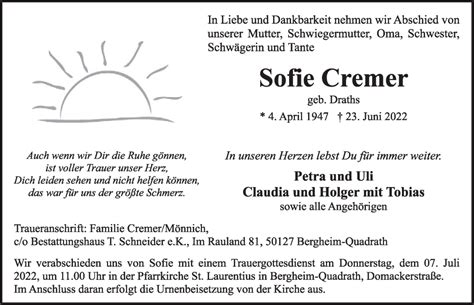 Traueranzeigen Von Sofie Cremer WirTrauern