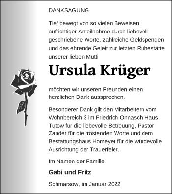 Traueranzeigen Von Ursula Kr Ger Trauer Nordkurier