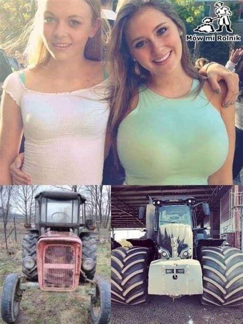 Two Women Standing Next To Each Other In Front Of Tractors