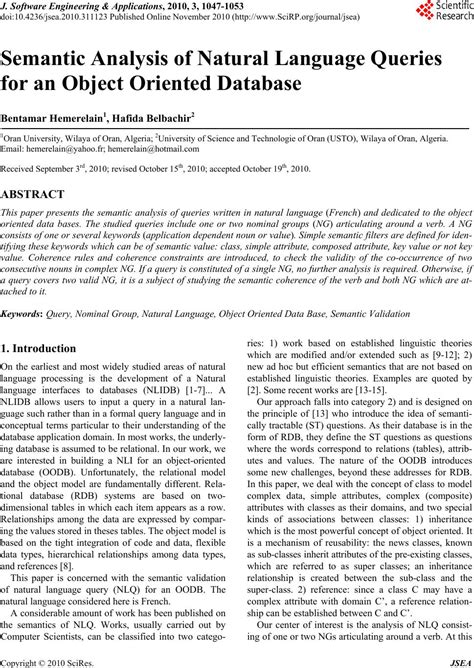 semantic analysis of natural language queries for an object oriented database