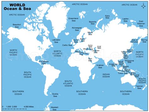 World Map Seas Labelled
