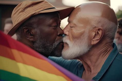 Casal gay se beijando na frente de uma bandeira de arco íris generative