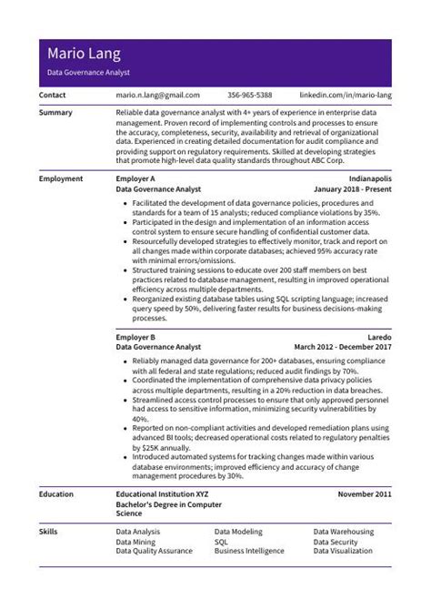Data Governance Analyst Resume Cv Example And Writing Guide
