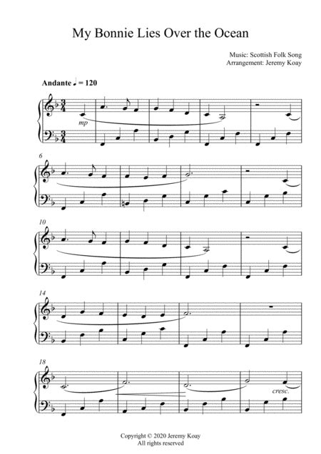 My Bonnie Lies Over The Ocean Early Intermediate Solo Piano Arr