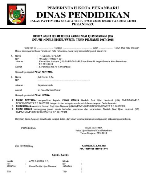 Contoh Berita Acara Serah Terima Naskah Soal Ujian Gawe CV