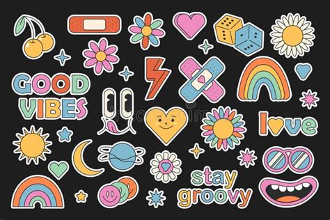 Retro S Hippie Stickers Groovy Elements Cartoon Funky Flowers