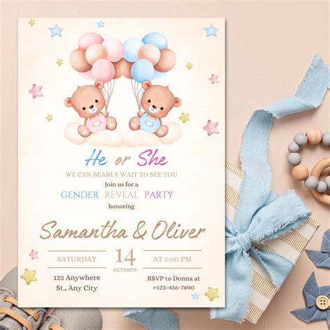 EDITABLE Teddy Bears Gender Reveal Invitation Baby Boy Or Girl Party