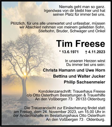 Traueranzeigen Von Tim Freese Nordwest Trauer De
