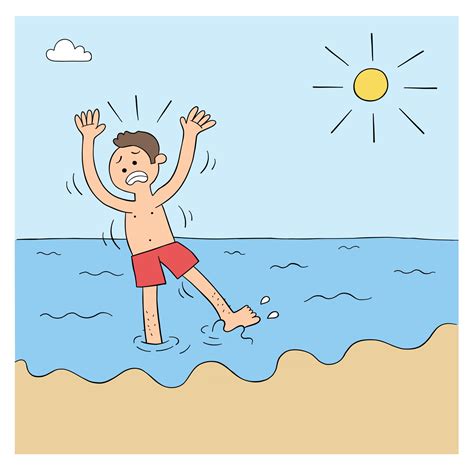cartoon homem não sabe nadar e tem medo do mar ilustração vetorial
