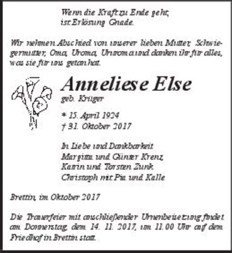 Traueranzeigen von Anneliese Else geb Krüger abschied nehmen de