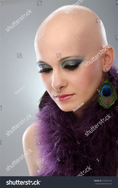 Beauty Portrait Of Hairless Woman In Purple Boa Stock Photo