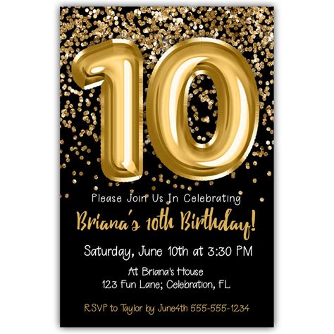 10th Birthday Invitation Gold Balloons Glitter On Black Birthday Party
