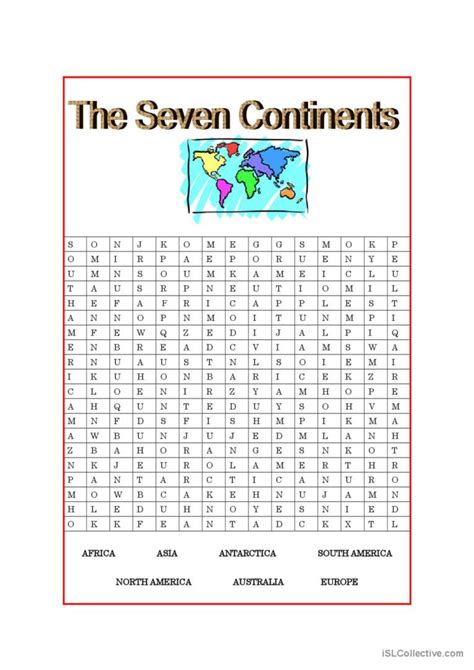 The Seven Continents Word Search English Esl Worksheets Pdf Doc