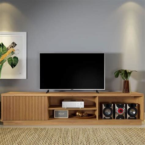 Rack Bancada para TV até 75 01 Porta Detalhe Ripado e 03 Nichos