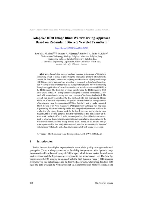pdf adaptive hdr image blind watermarking approach based on redundant discrete wavelet transform