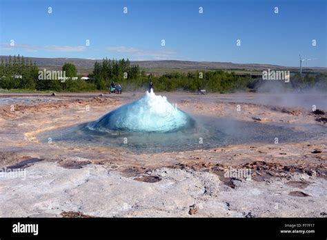 Beginning Eruption Of Geyser Known As Strokkur Geysir In Iceland Stock