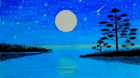 Moonlight Waterfall Scenery Drawing For Beginners With Oil Pastels