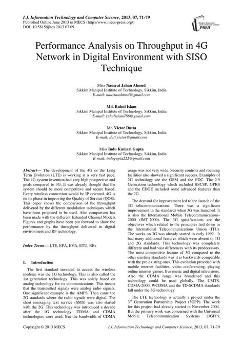 pdf performance analysis on throughput in 4g network in digital environment with siso technique