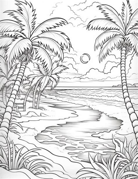 Un Dibujo De Una Escena De Playa Con Palmeras Y Una Luna Llena