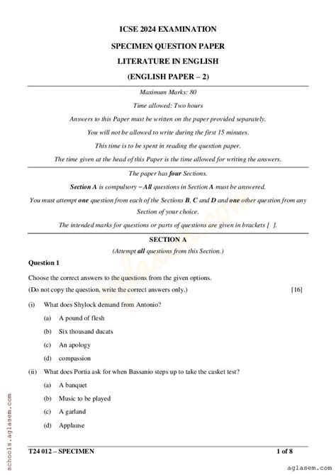 icse english literature specimen paper 2024 pdf cisce class 10 english literature sample paper