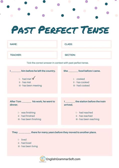 Past Perfect Tense Worksheets With Answers