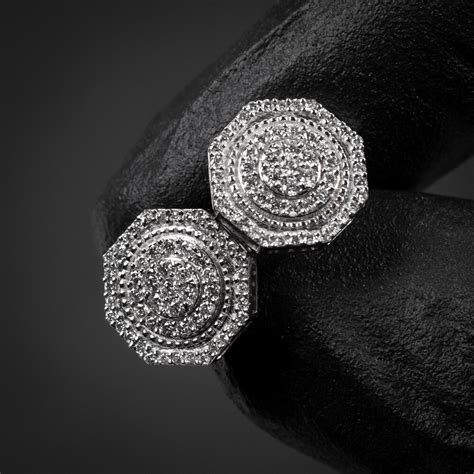 Men S K White Gold Ct Vvs Diamond Octagon Stud Earrings