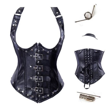 Bustier Femme Corset Gothique Steampunk En Simili Cuir Noir Et Rouge