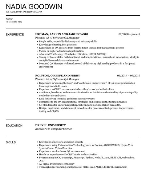 Software QA Manager Resume Samples Velvet Jobs