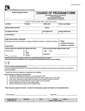 Fillable Online Lwtech CHANGE OF PROGRAM FORM Lake Washington